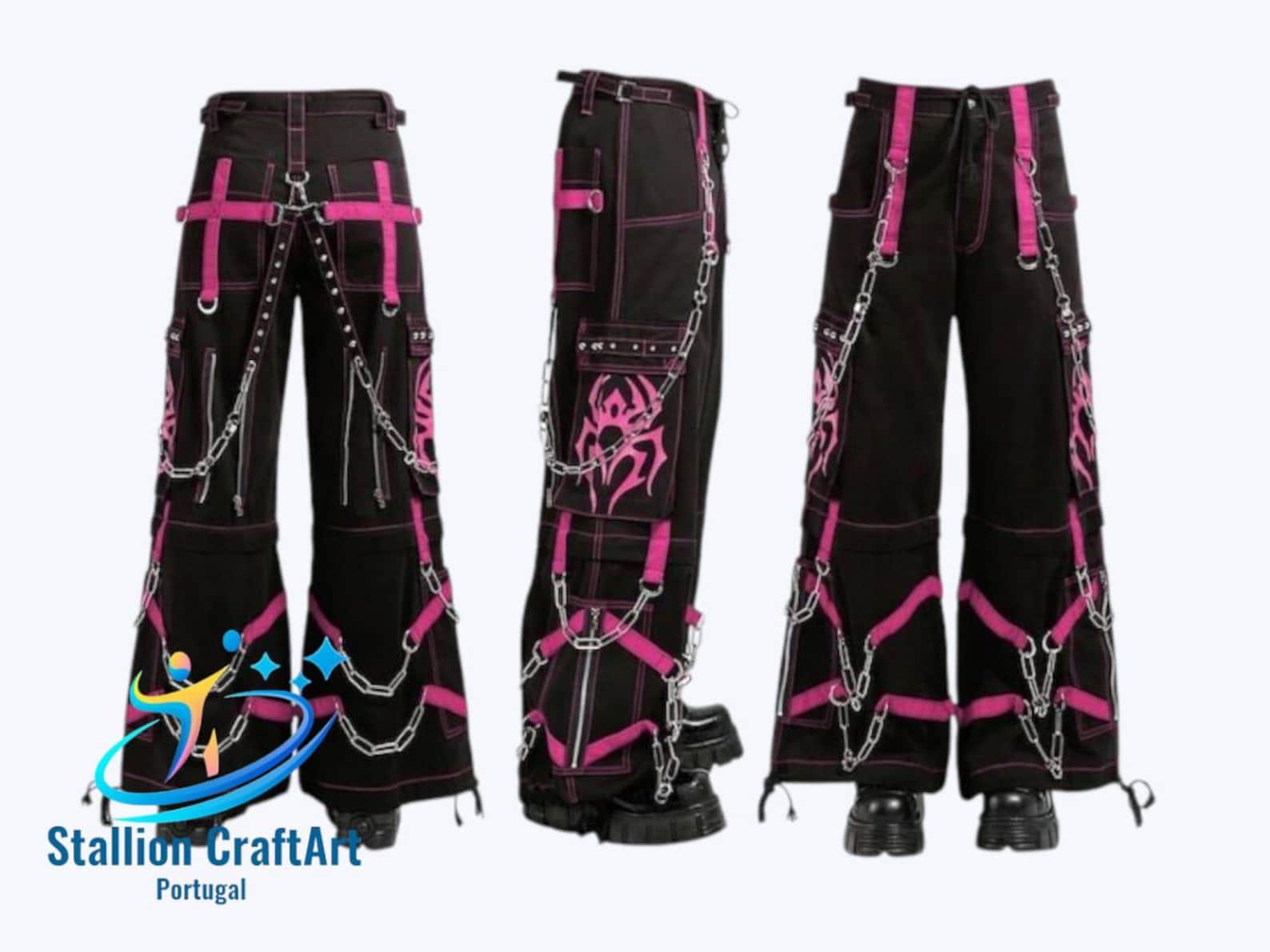 Men’s Hand-stitched Unisex Fashion Gothic Pink Spider Pant With Straps ...