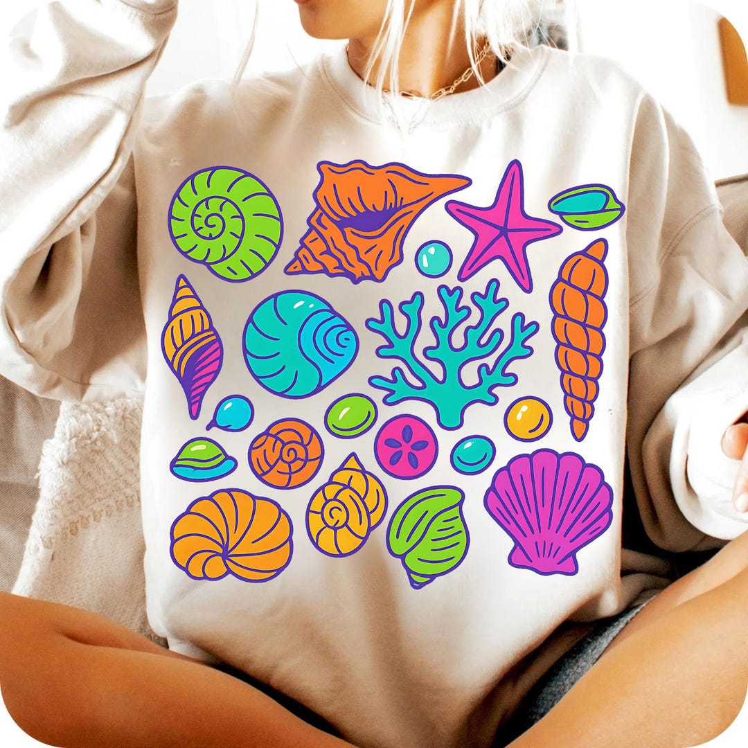 Neon Seashells PNG: Retro Beach Clipart, Summer Sublimation (digital ...