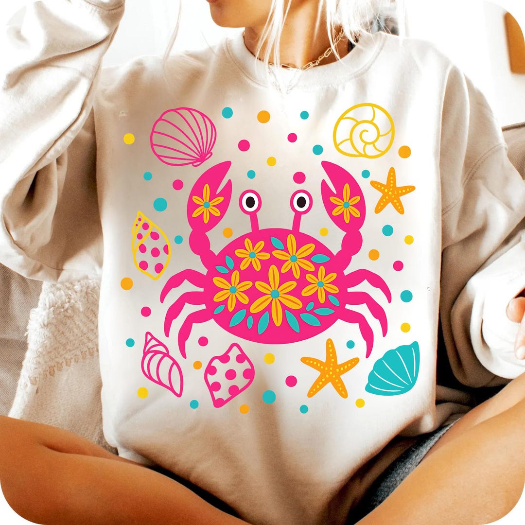 Preppy Summer Crab PNG, Coastal Floral Beach Sublimation, Cute Ocean ...