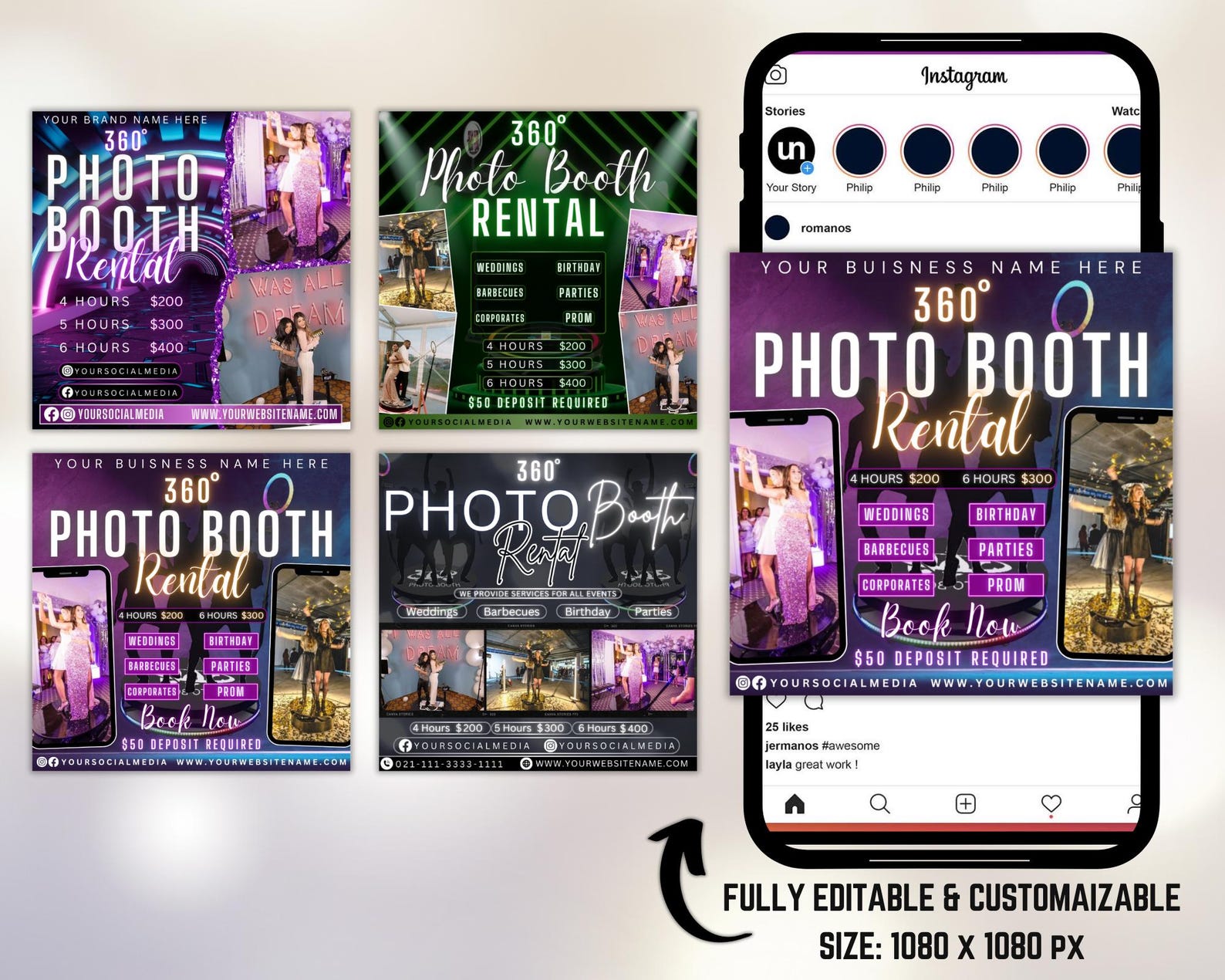 4x, 360 Photo Booth Rental Flyer | DIY Event Photography Rental Party ...