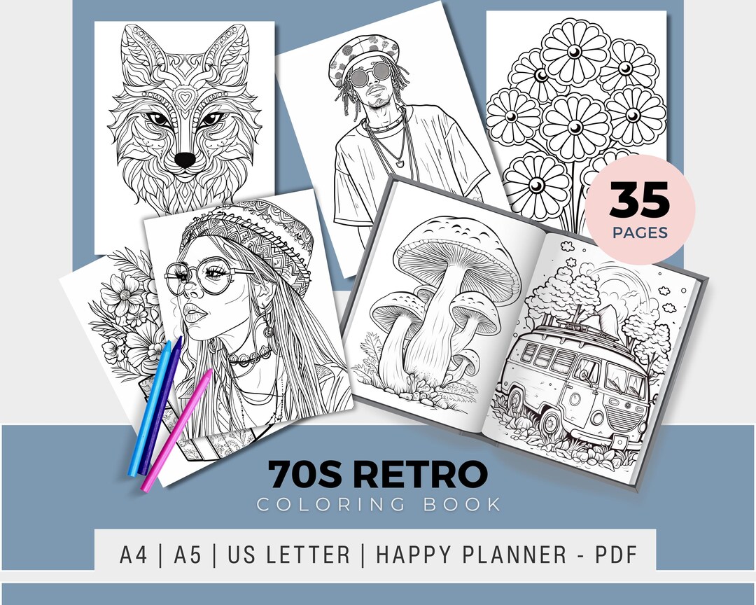 70s Retro Coloring Pages for Adults - 35 Groovy Designs - Stress Relief ...