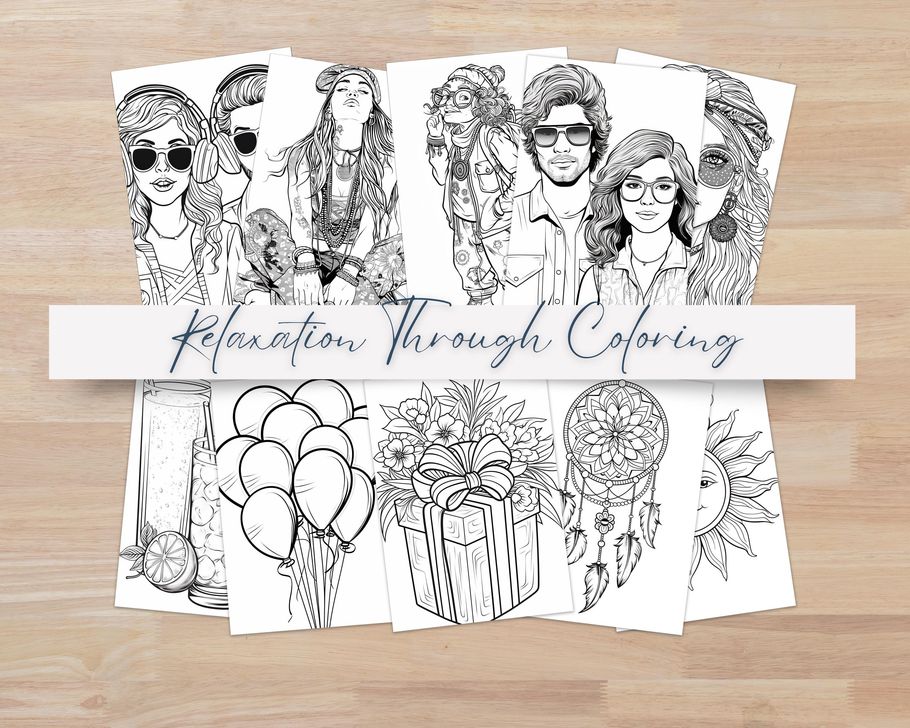 70s Retro Coloring Pages for Adults - 35 Groovy Designs - Stress Relief ...