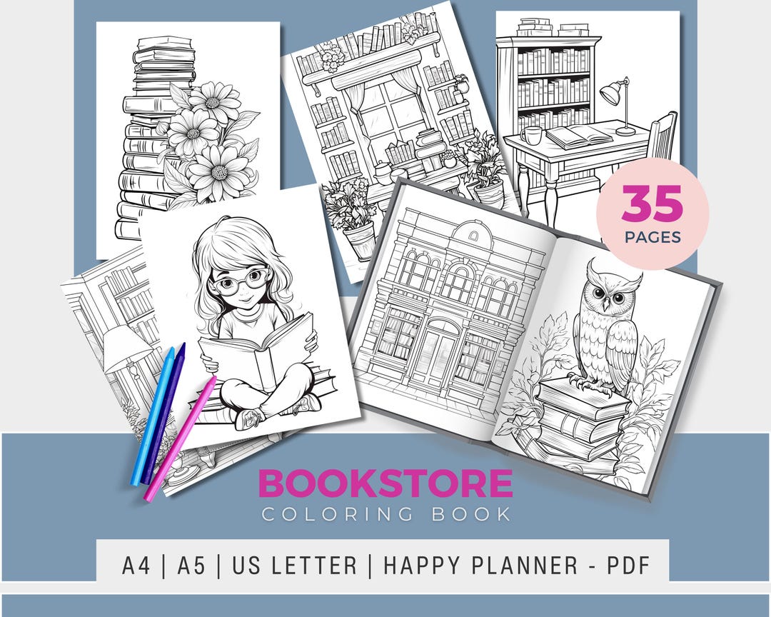 Cozy Bookstore Coloring Pages - Instant Download - Relaxing Adult ...