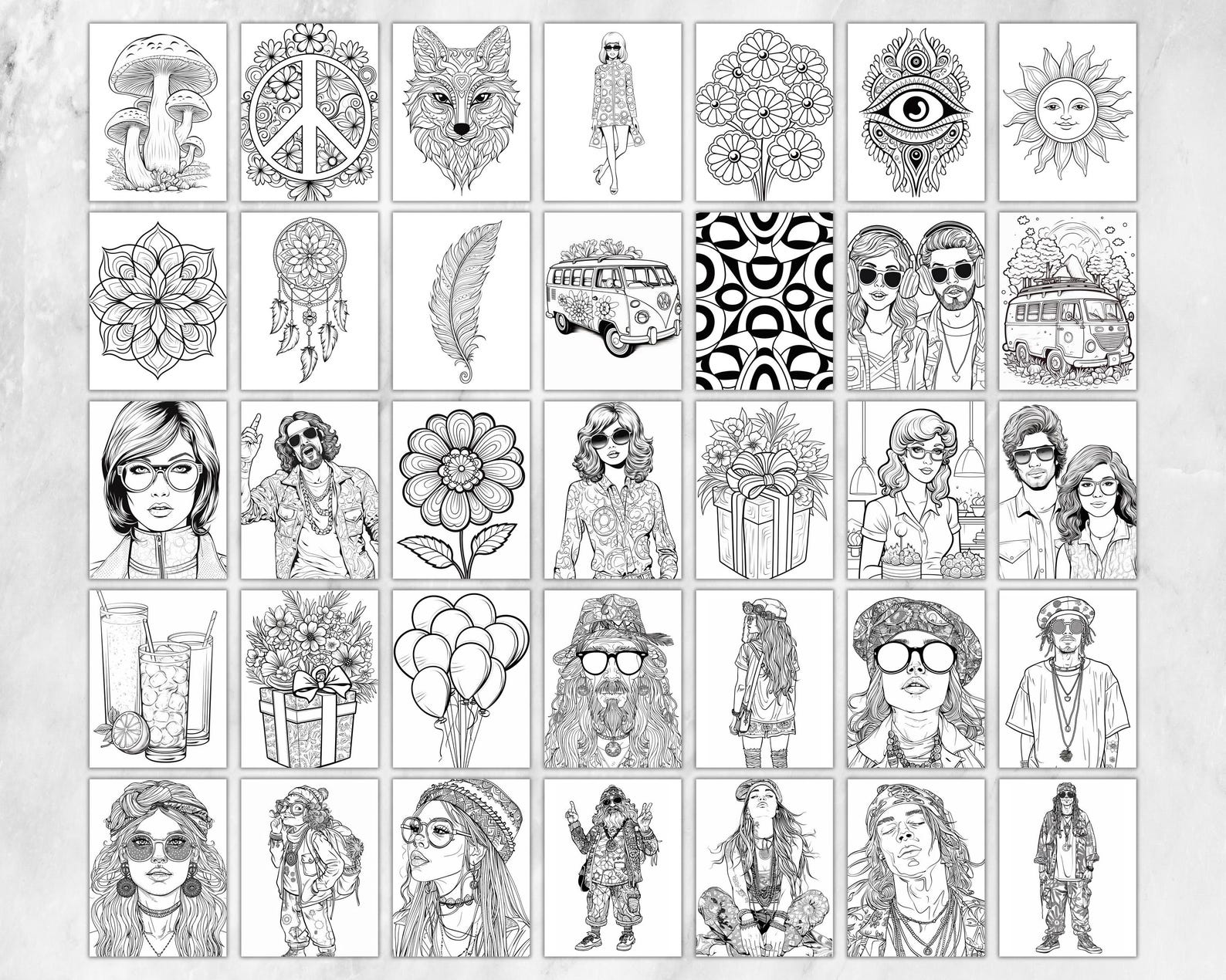 70s Retro Coloring Pages for Adults - 35 Groovy Designs - Stress Relief ...