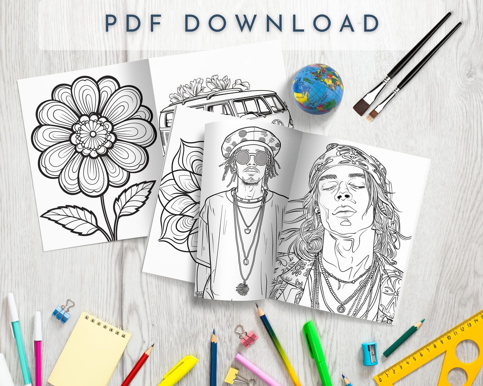 70s Retro Coloring Pages for Adults - 35 Groovy Designs - Stress Relief ...
