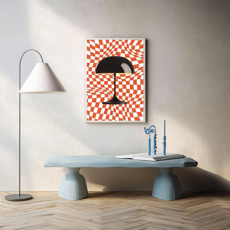 Retro Black Dome Lamp Poster Mid-century Modern Art, Orange Checkered ...