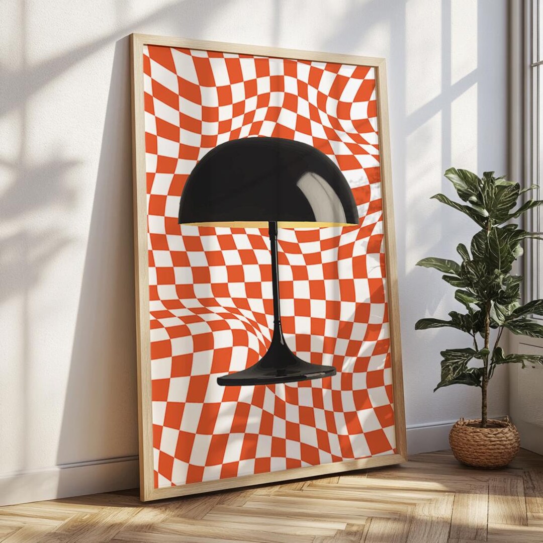 Retro Black Dome Lamp Poster Mid-century Modern Art, Orange Checkered ...