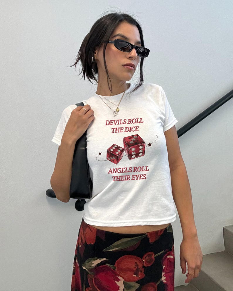 Devils Roll the Dice Angels Roll Their Eyes Baby Tee, Y2K Baby Tee, Red Dice Shirt, 2000s Style ...