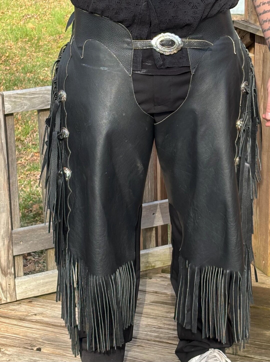 Used Black Leather Cowboy Chinks: Fringe Western Chaps, Adjustable M/L ...