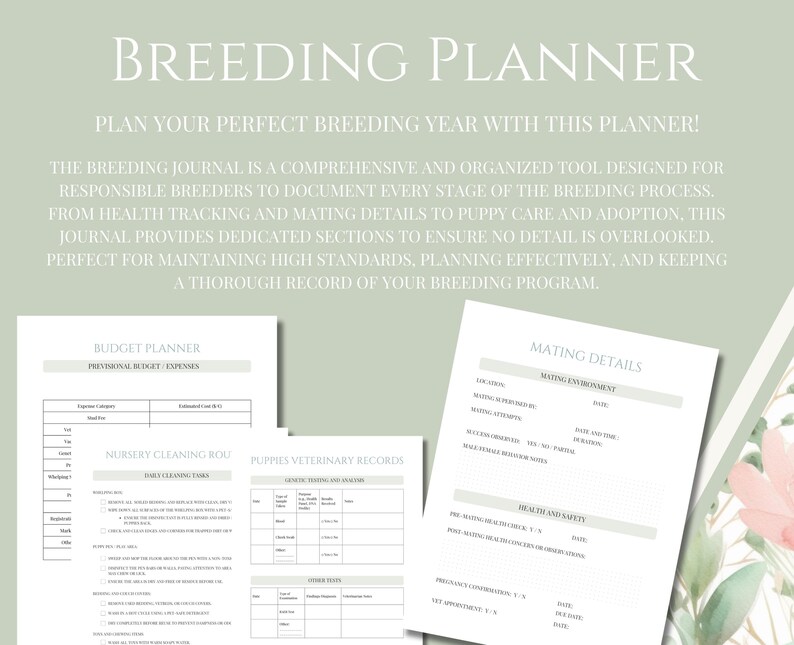 Dog Breeding Journal, Printable Breeder Planner for Mating, Pregnancy, Puppy Care & Adoption ...
