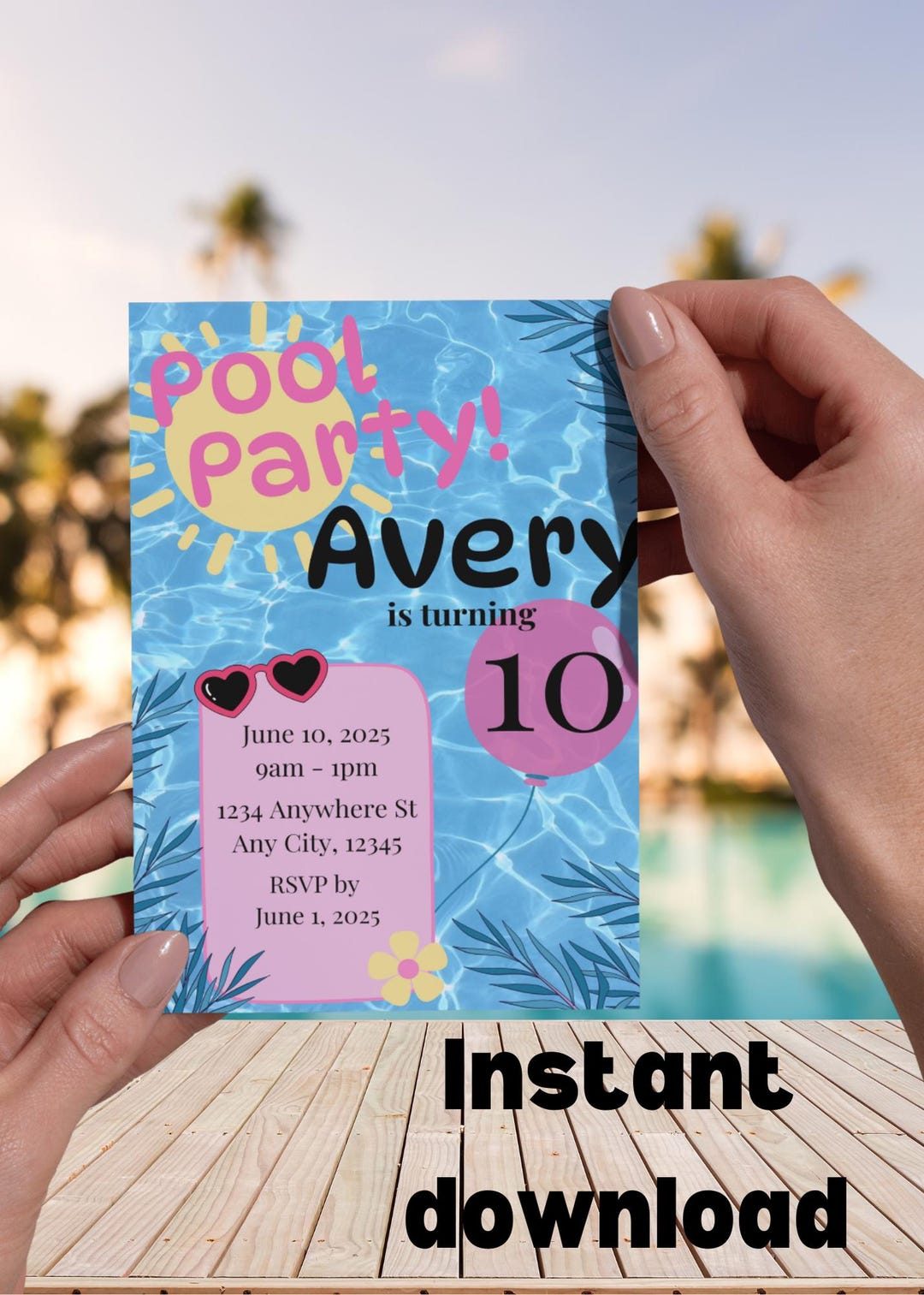 Pool Birthday Party Invite, Pool Party Theme Invitation Template, Pool ...