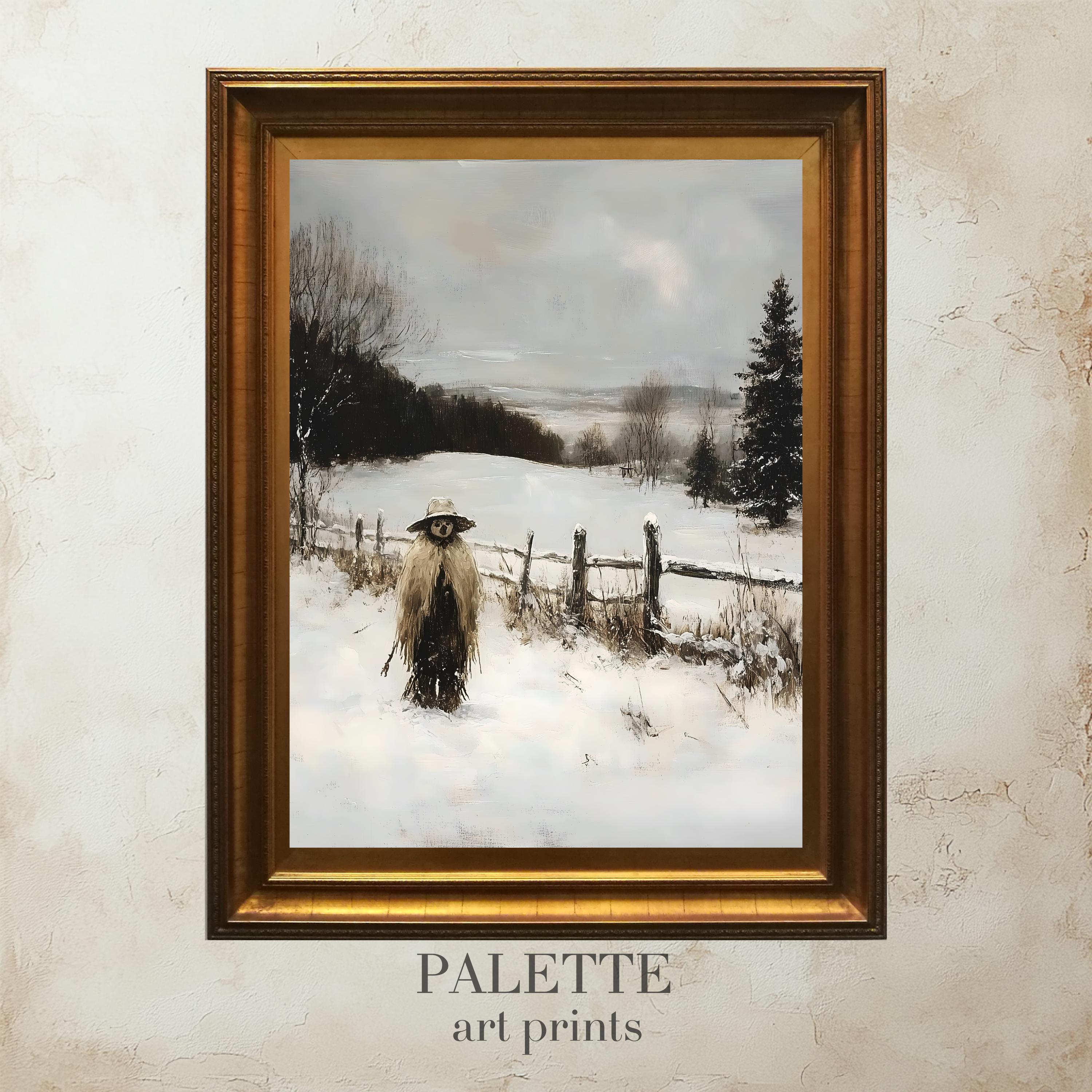 Winter Scarecrow Painting With Snowy Field and Rustic Fence, Serene ...