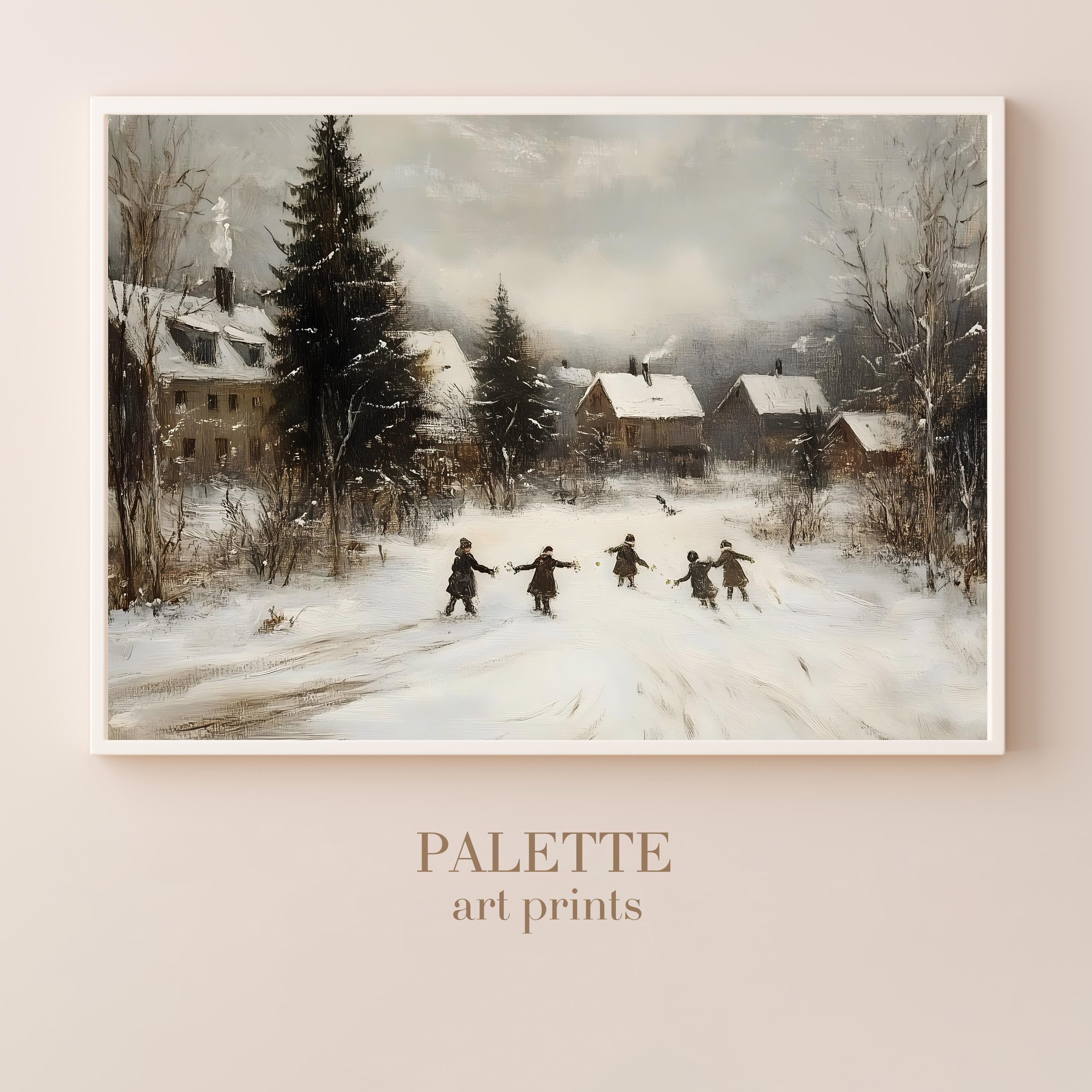 Children Playing in Snow Digital Art, Nostalgic Winter Scene, Cozy ...