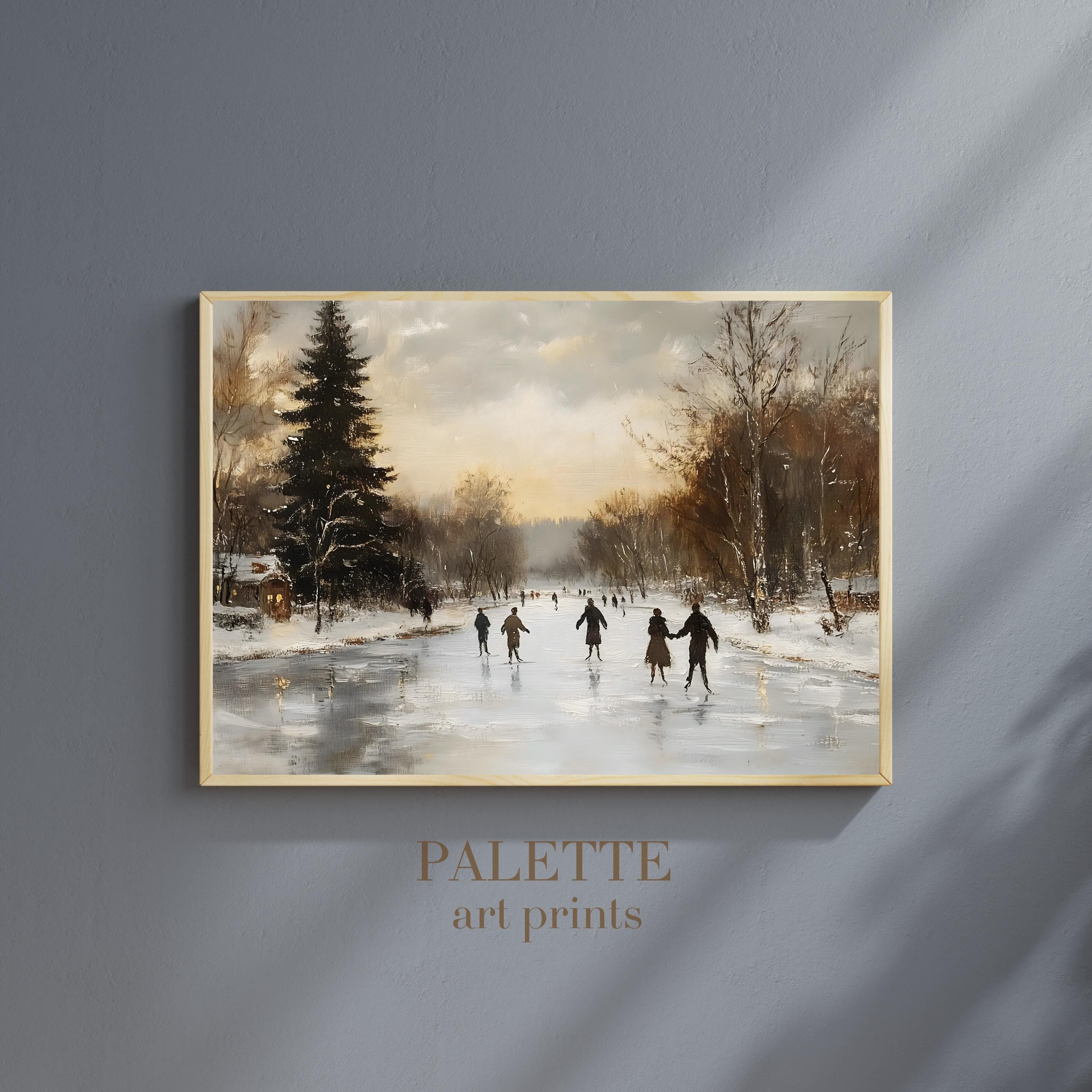 Frozen Lake Ice Skating Digital Print, Vintage Winter Wall Art, Rustic ...