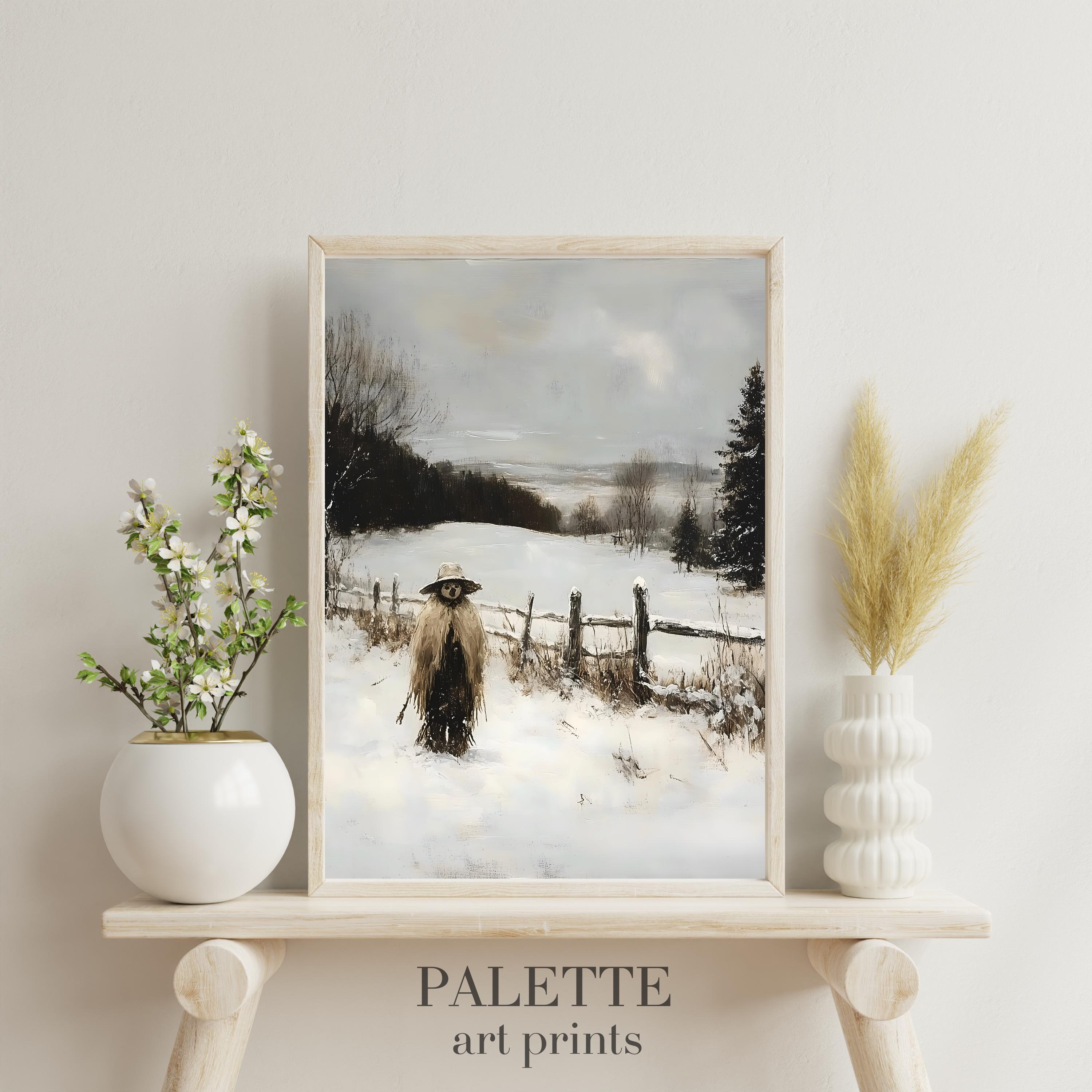 Winter Scarecrow Painting With Snowy Field and Rustic Fence, Serene ...