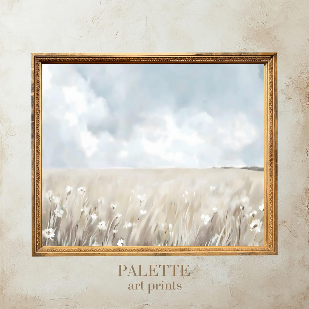 Neutral Floral Field Wall Art Print, Digital Oil Painting Landscape ...