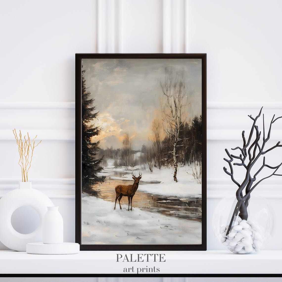 Winter Deer in Snowy Landscape Painting With Creek and Forest, Serene ...