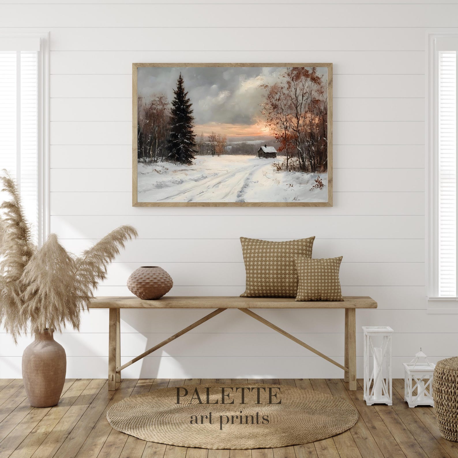Snowy Landscape With Cottage and Trees, Winter Sunset Painting, Cozy ...