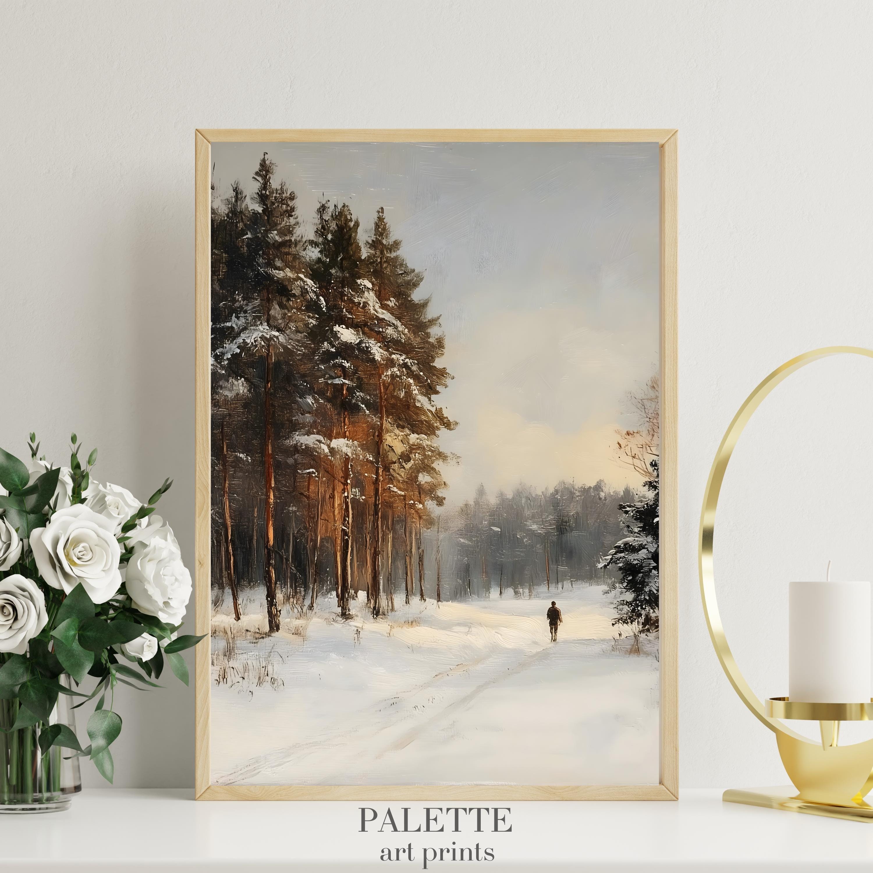 Snowy Forest Path Painting With Golden Sunset Glow, Tranquil Winter ...