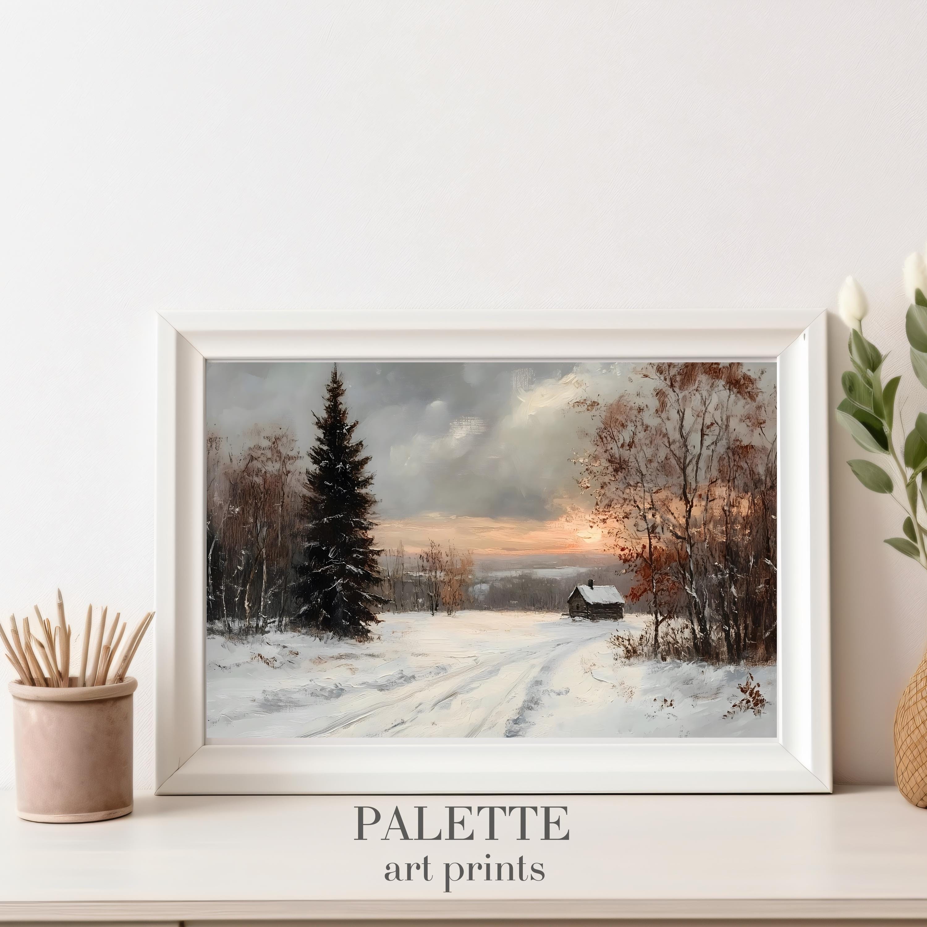Snowy Landscape With Cottage and Trees, Winter Sunset Painting, Cozy ...