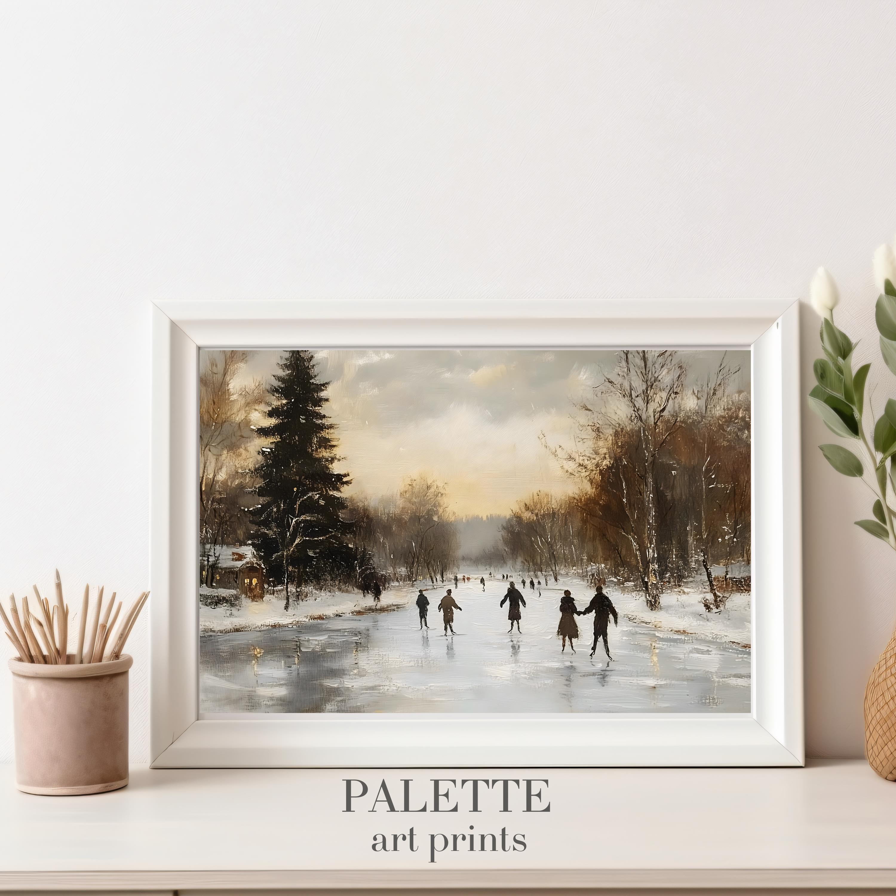Frozen Lake Ice Skating Digital Print, Vintage Winter Wall Art, Rustic ...