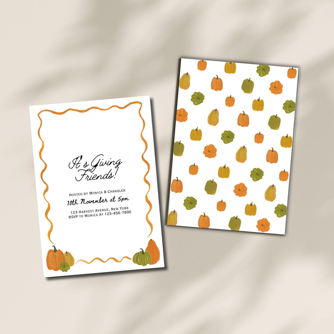 Editable Illustrated Pumpkin Wavy Border Invitation, Friendsgiving ...