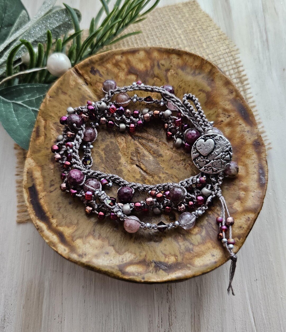 Strawberry Quartz and Tourmaline Beaded Wrap Bracelet | Woven Macrame ...