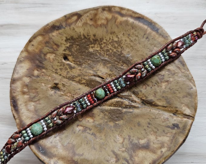 Leather Beaded Bracelet | Rustic Bracelet | Copper X Green Beading ...
