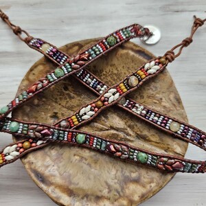 Leather Beaded Bracelet Rustic Bracelet Copper X Green Beading Brown Leather Bracelet Boho Style ...