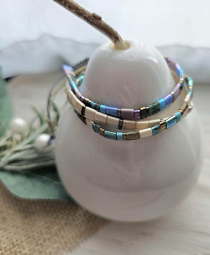 Blue Green Purple Beads | Miyuki Tila Beaded String Bracelet | Beachy ...