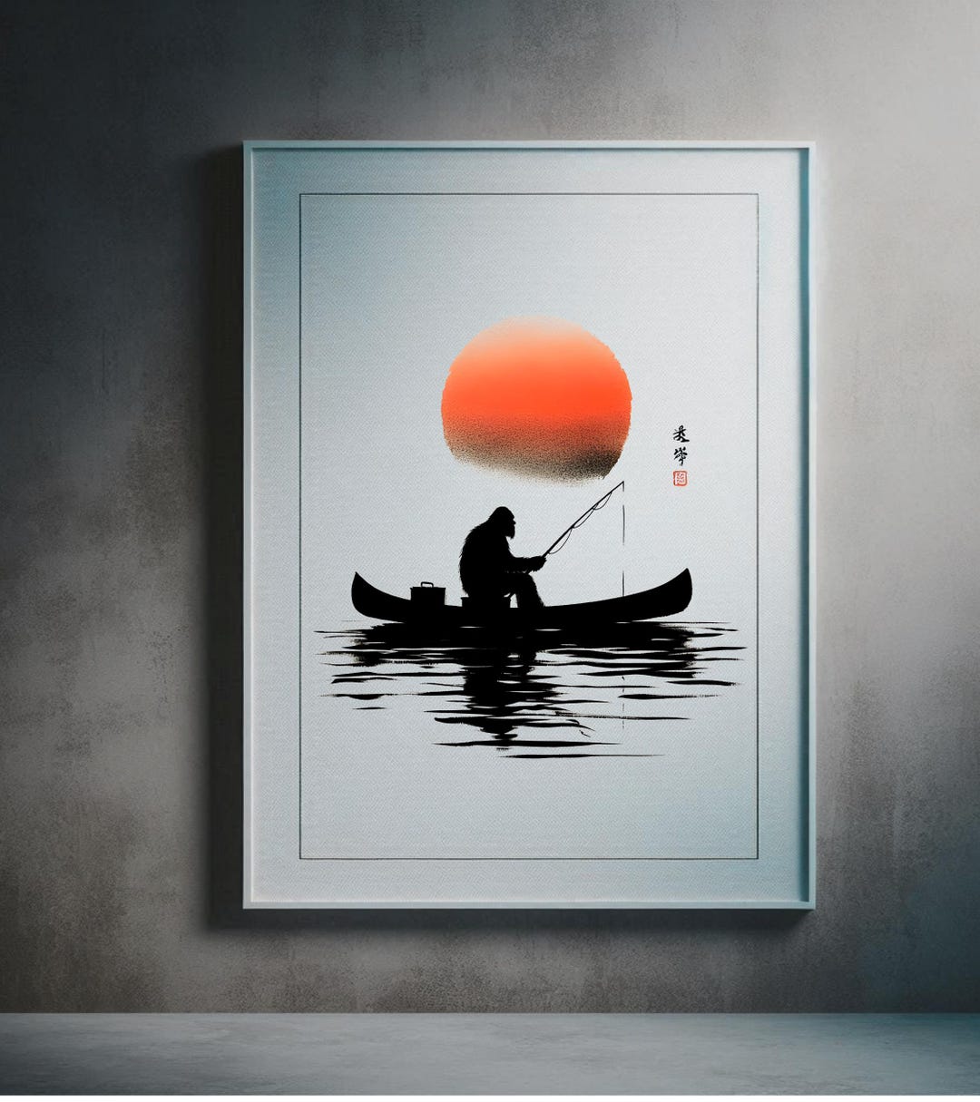 Bigfoot Fishing in Canoe Ink Japanese Style Art Prints: Sports ...