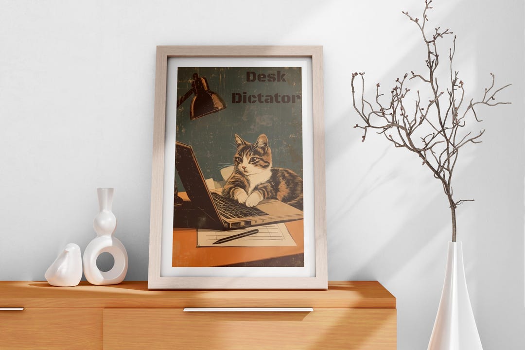 Desk Dictator Cat Art Vintage Style Funny Office Decor for Cat Lovers ...