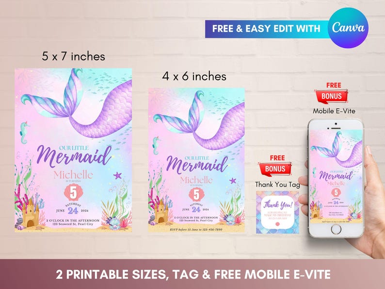 Editable Mermaid Birthday Invitation Under the Sea Party Invite Digital ...