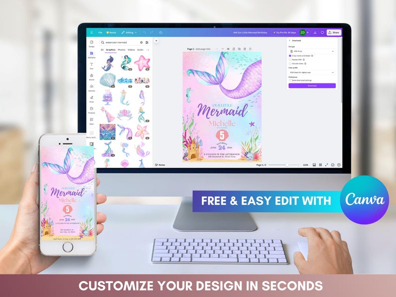 Editable Mermaid Birthday Invitation Under the Sea Party Invite Digital ...