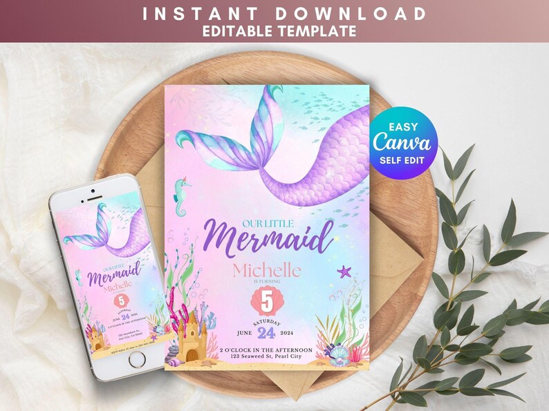 Editable Mermaid Birthday Invitation Under the Sea Party Invite Digital ...