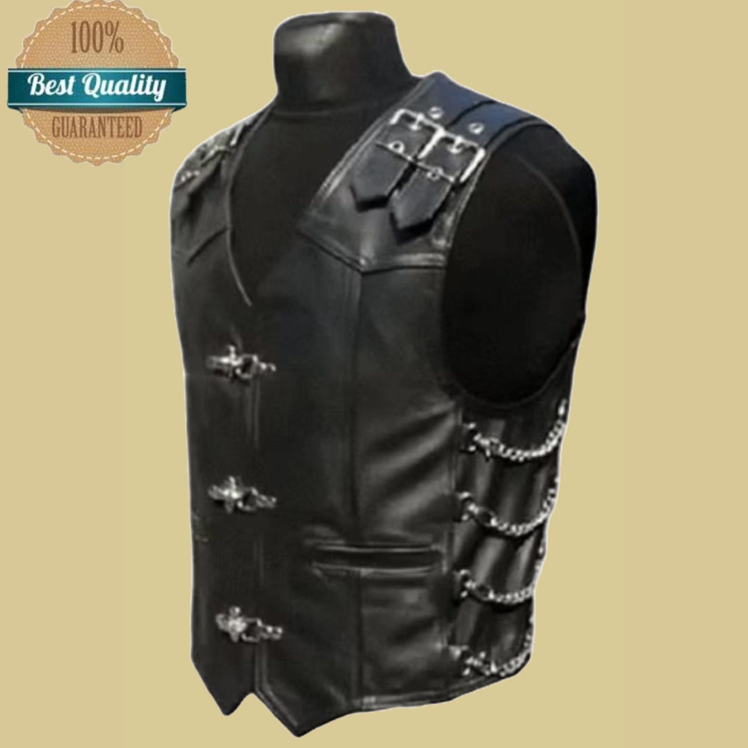 Men's Genuine Leather Biker Vest – Chained Steampunk Chopper Goth Vest ...