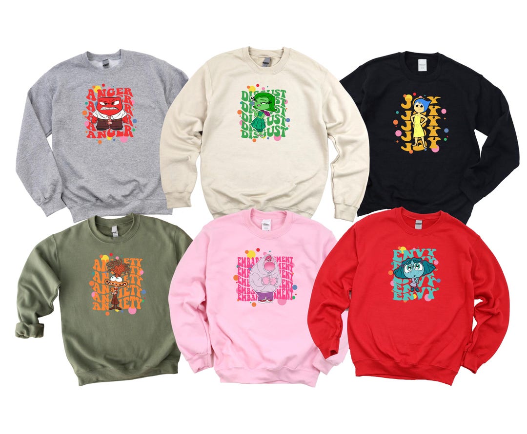 Inside Out Characters Sweatshirt, Sadness Anger Disgust Envy Anxiety ...