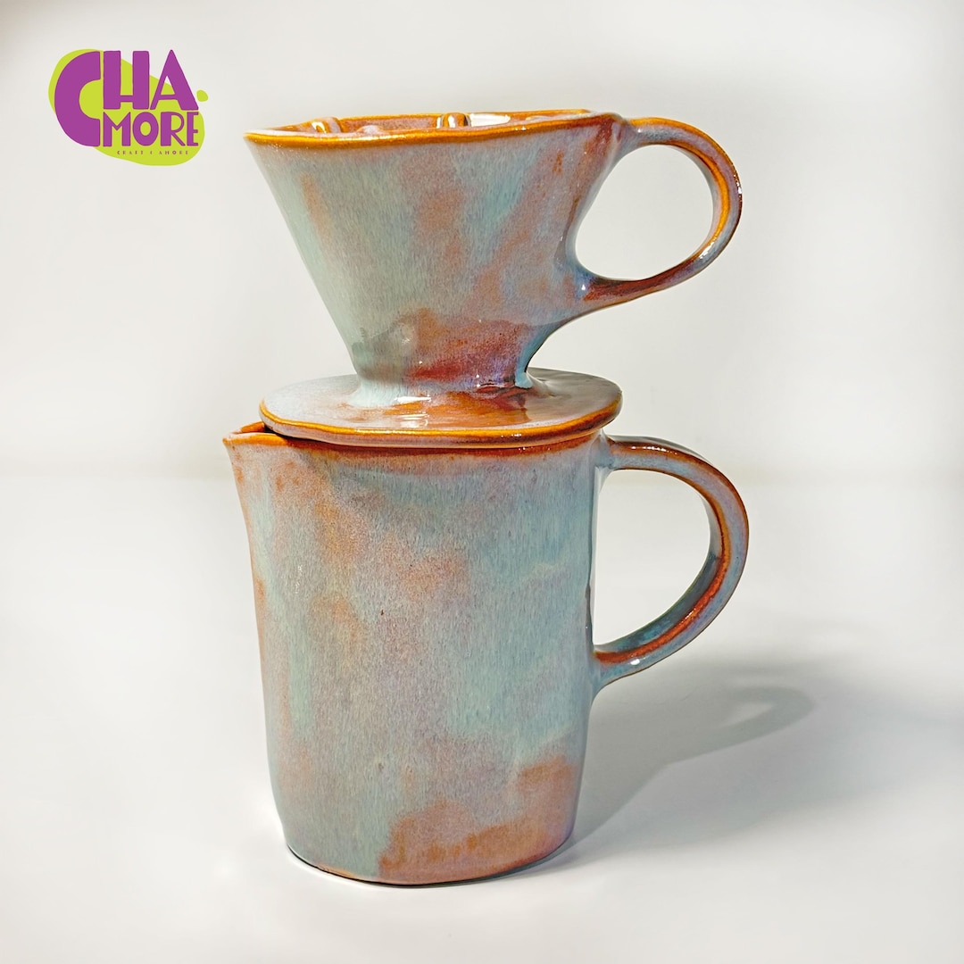 Handmade Ceramic Pour Over Coffee Set: Blue-orange Glaze, Reusable ...
