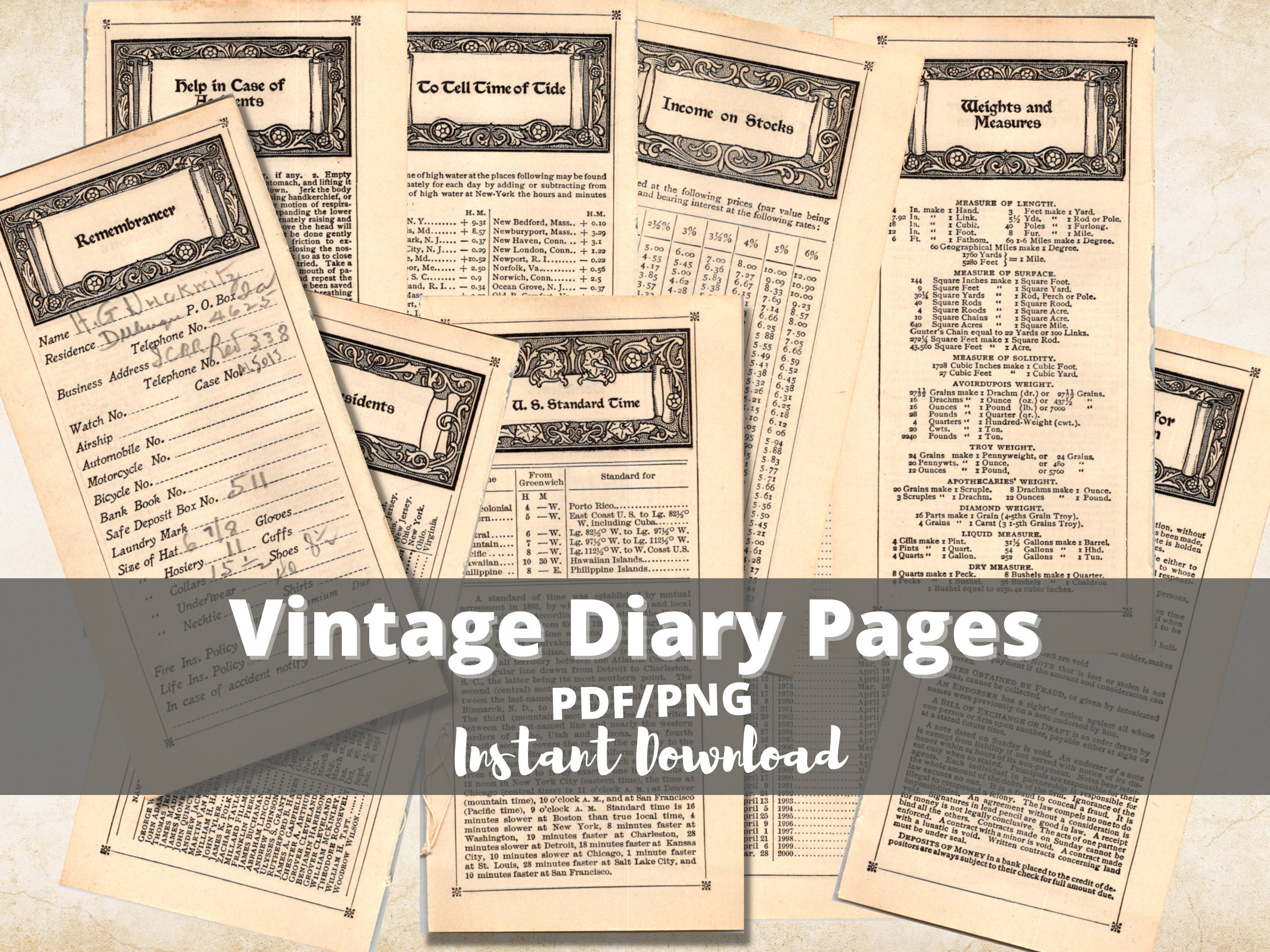 Vintage Diary Calendar Book, Pages for Scrapbook, Junk Journal, Mixed ...