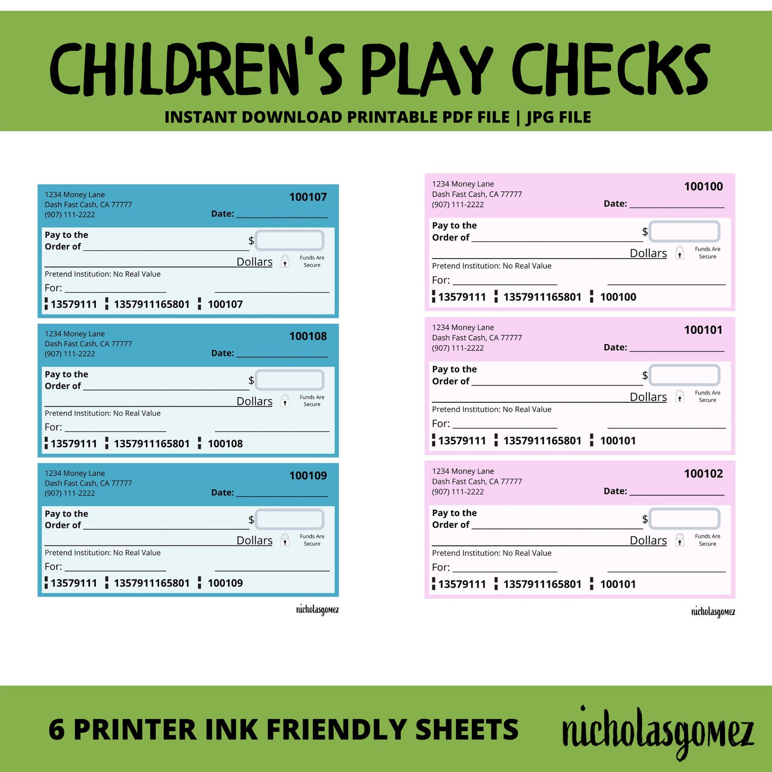 Printable Play Checks: Kids Pretend Play Money (digital Download) - Etsy