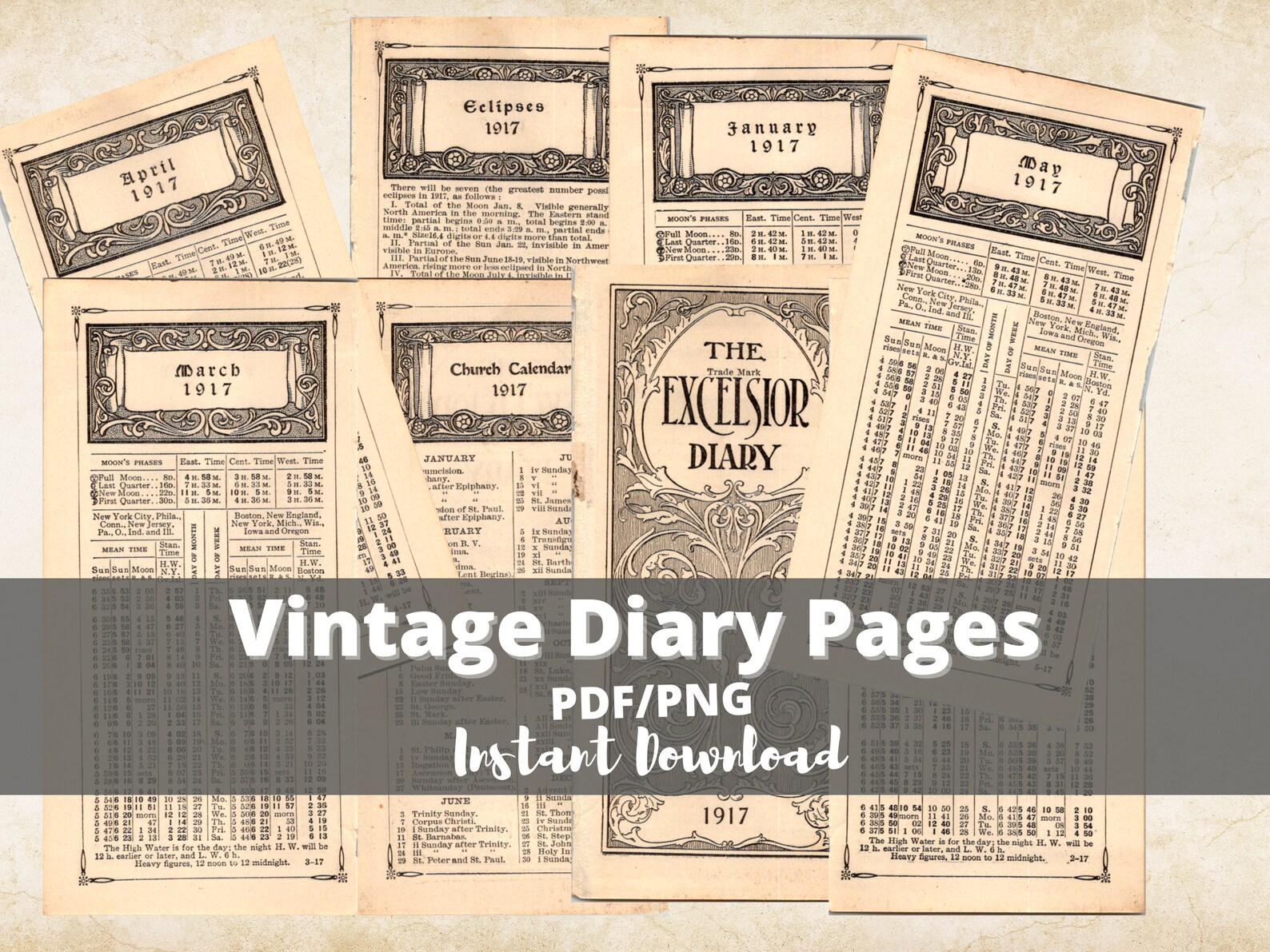 Vintage Diary Calendar Book, Pages for Scrapbook, Junk Journal, Mixed ...