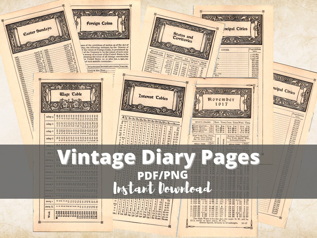 Vintage Diary Calendar Book, Pages for Scrapbook, Junk Journal, Mixed ...