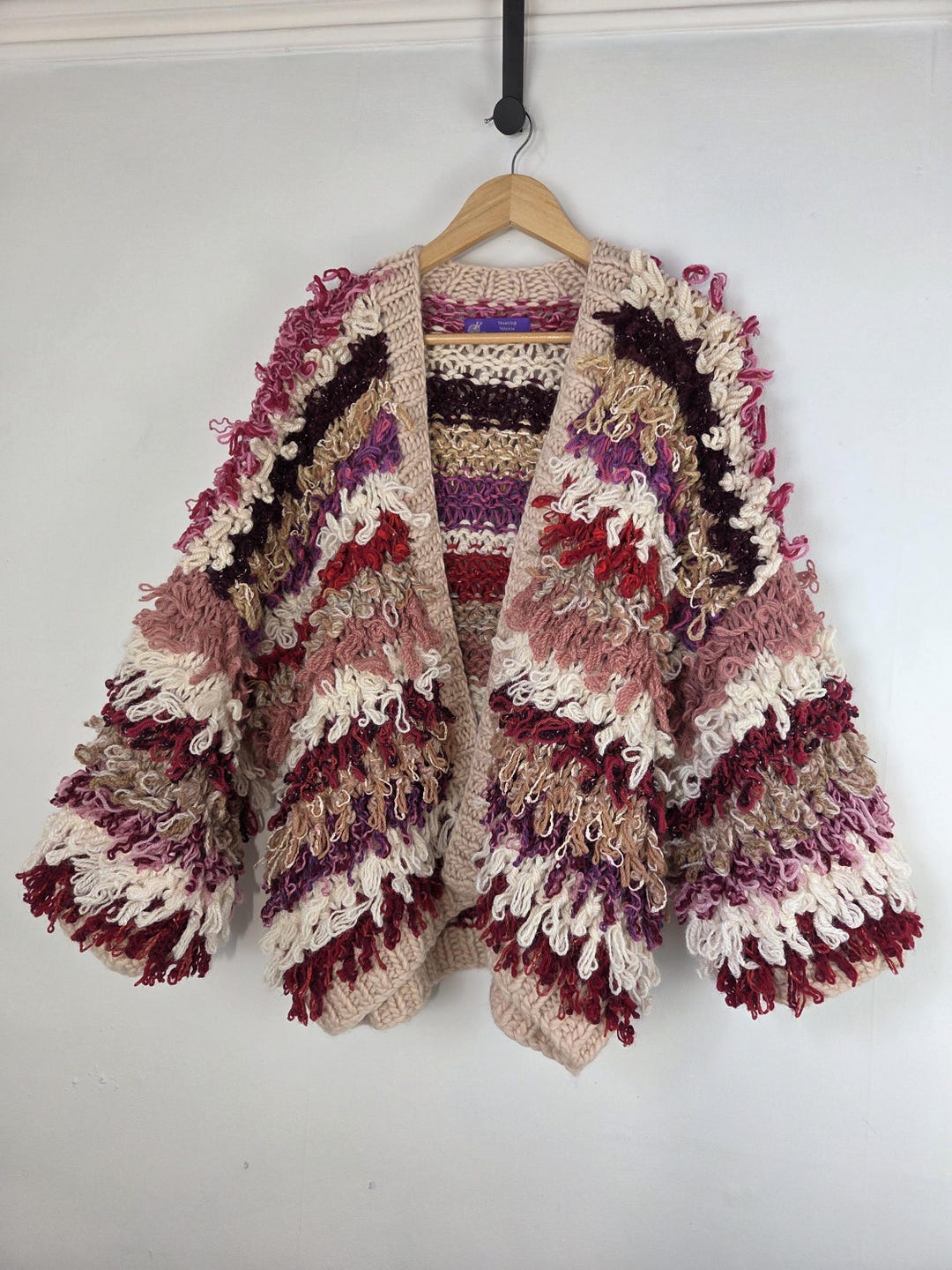 Hand Knit Wool Loopy Cardigan: Pink Balloon Sleeves, Oversized Fit - Etsy
