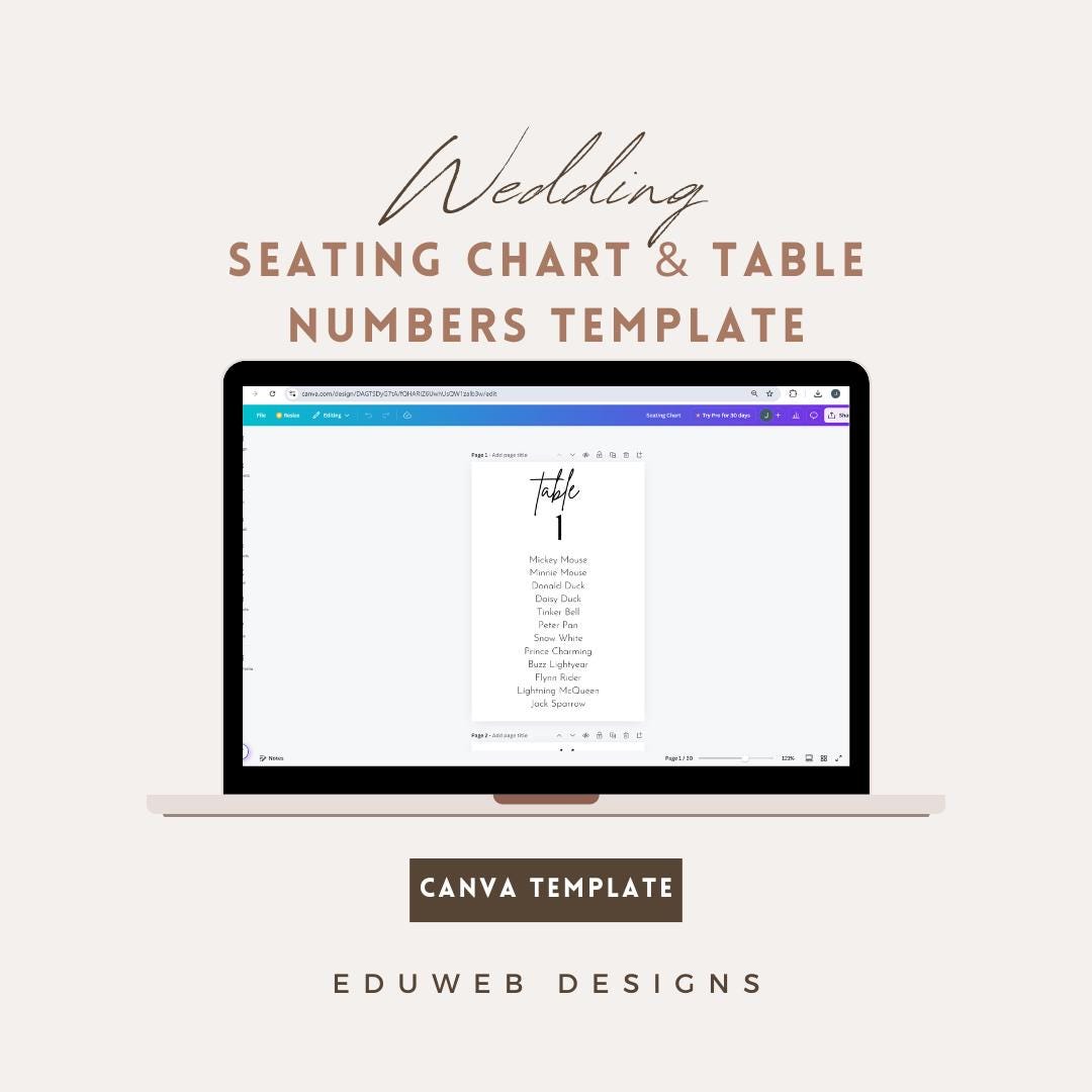 Wedding Table Numbers and Seating Chart - Canva Template - Etsy