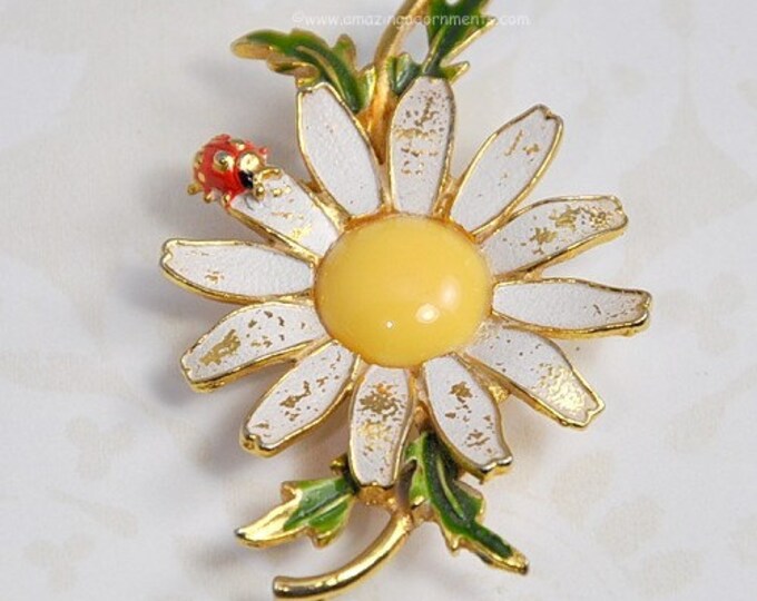 Vintage Signed WEISS Enamel Daisy Pin With Lady Bug - Etsy