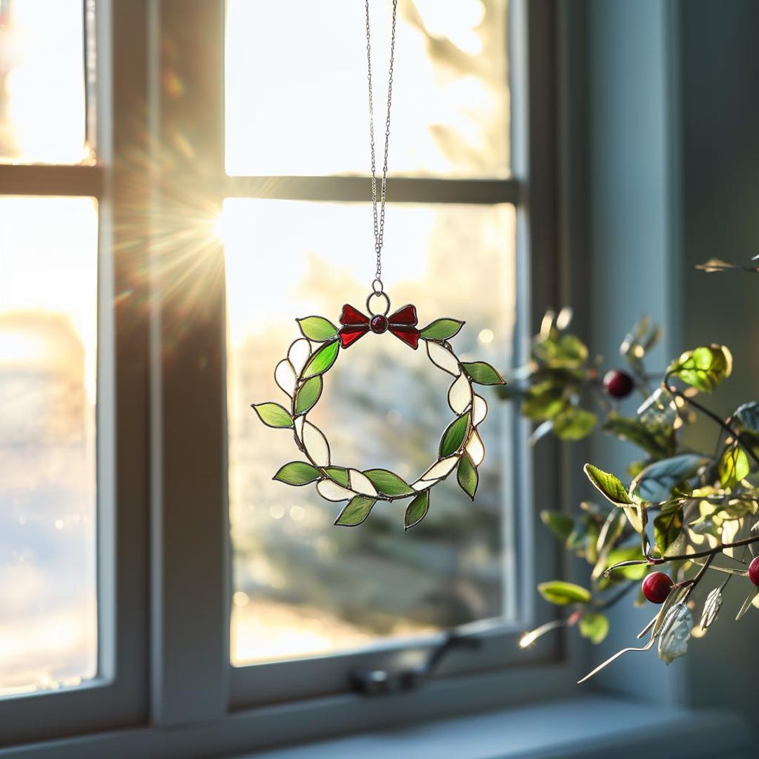 Real Stained Glass Mistletoe Wreath Suncatcher – Handmade Holiday ...