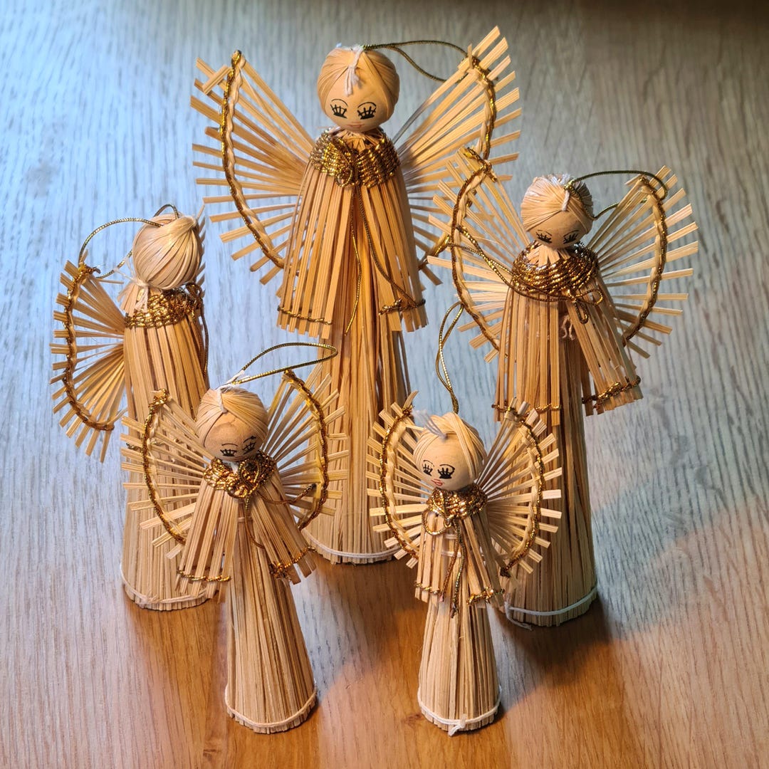 Set of Five Vintage Straw Angels, Tree Decorations, Shelf Display or ...