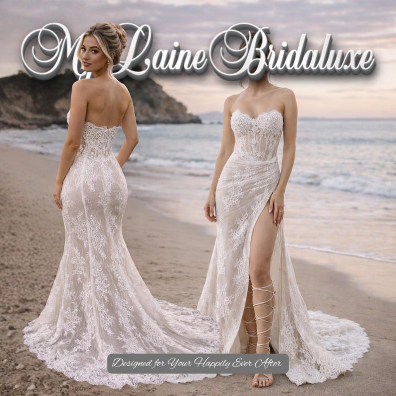 Custom Made Strapless Lace Mermaid Wedding Dress High Slit Bridal Gown ...