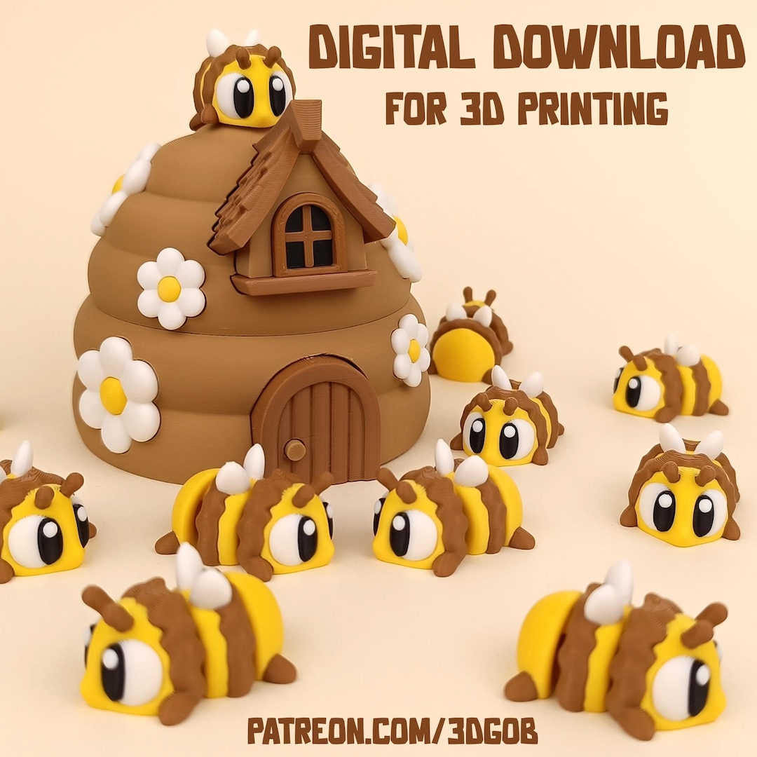 3D Printing Cute Bee and Beehive STL, Articulated Fidget Toy (digital ...