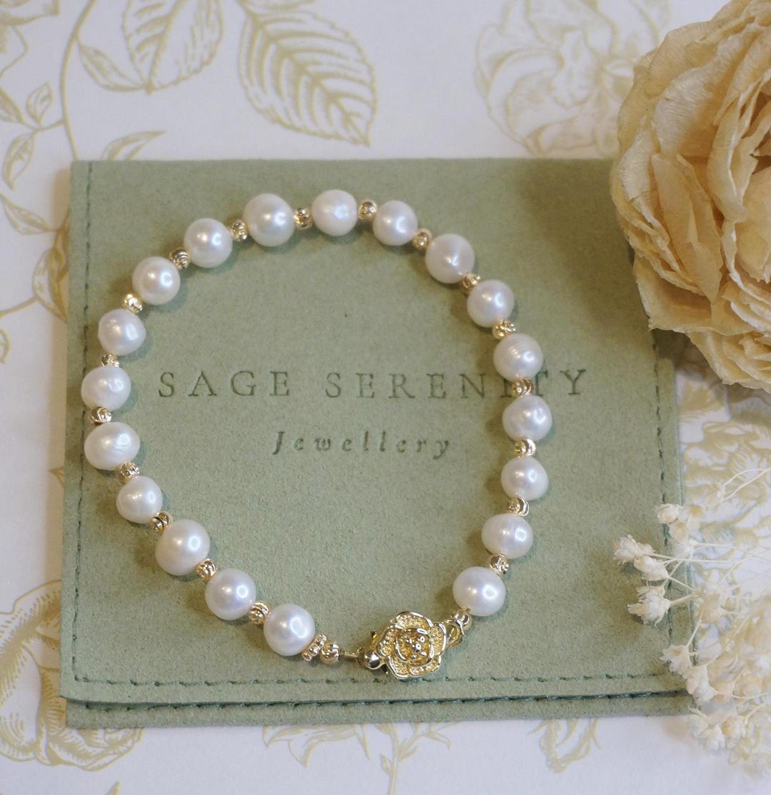 Natural Freshwater Pearl Bracelet With Gold Rose, Dainty Pearl Bracelet ...